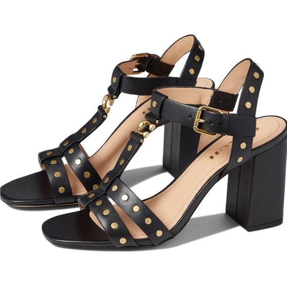 Coach | Shoes | Coach Margaret Black Leather Studded Block Heel Sandals ...